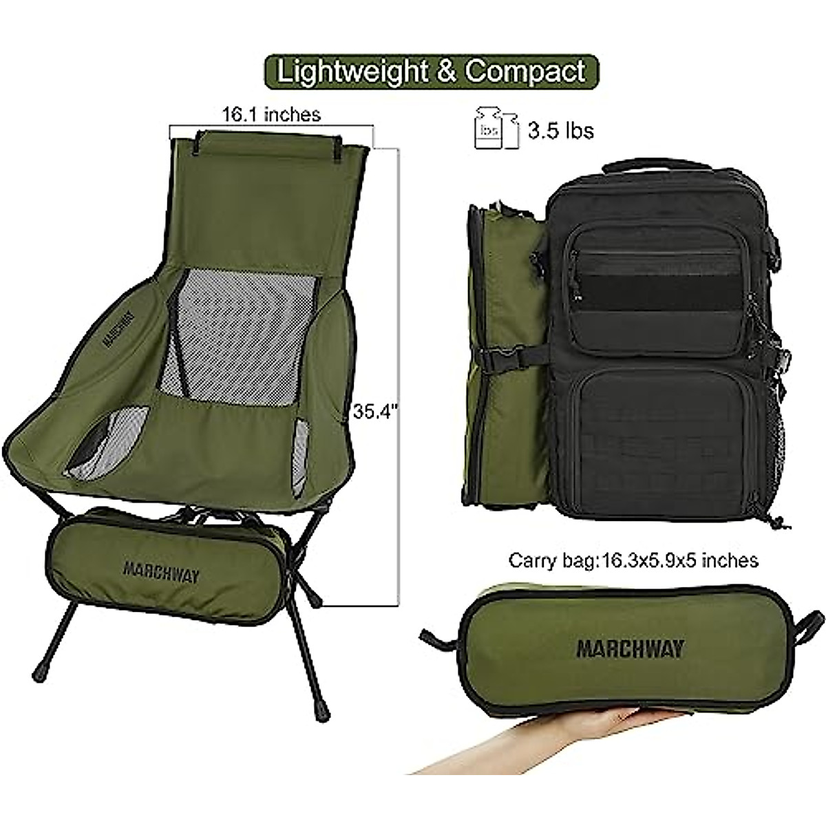 MARCHWAY Lightweight Folding High Back Camping Chair with Head Support, Stable Portable Compact for Outdoor Camp, Travel, Beach, Picnic, Festival, Hiking, Backpacking (Green)