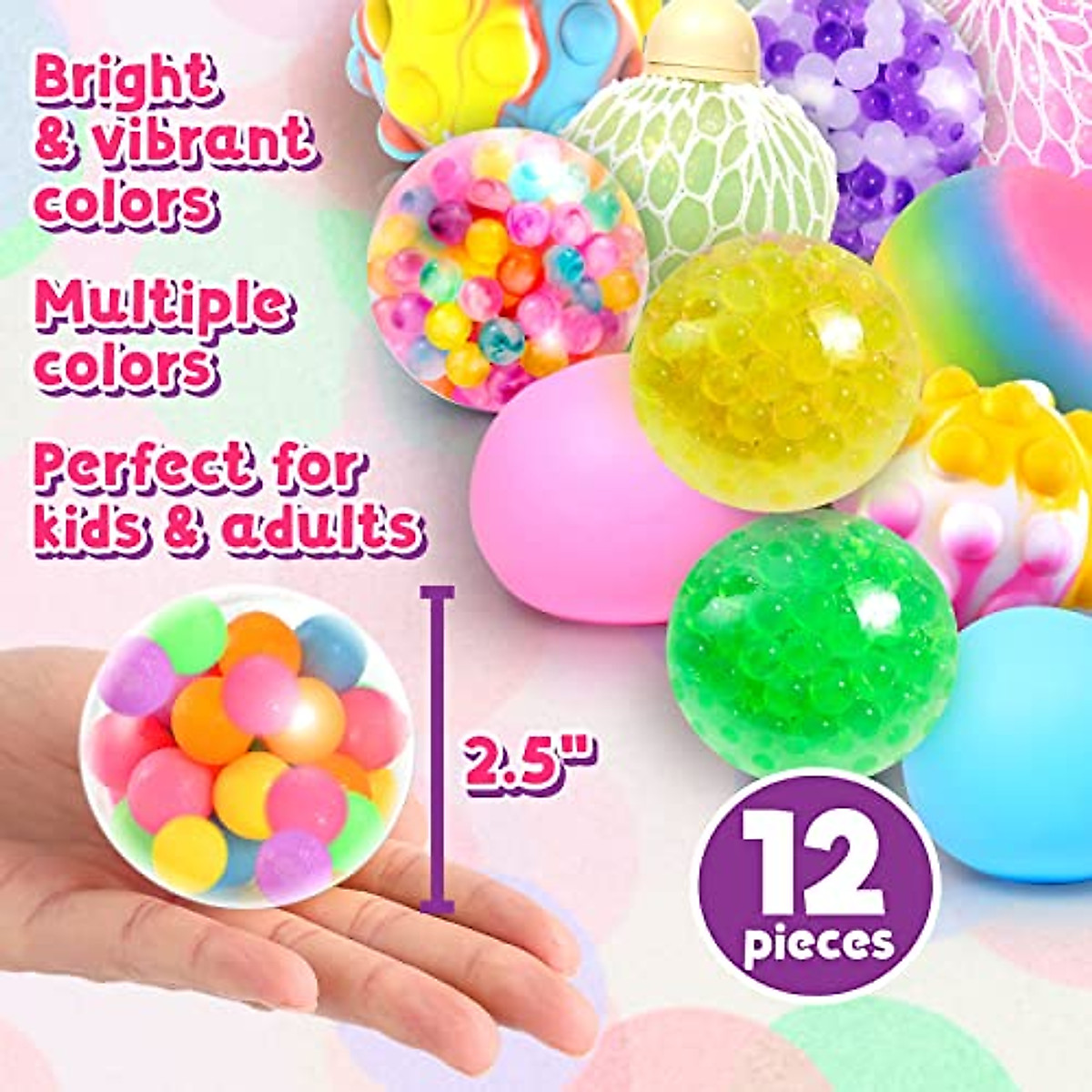 OleOletOy Sensory Stress Balls for Kids and Adults - 12 Pack Various Fidget Toys Filled with Water Beads - Sensory Toys Calming Tool for Autism, ADHD, and Anxiety Relief, Easter Basket Stuffers