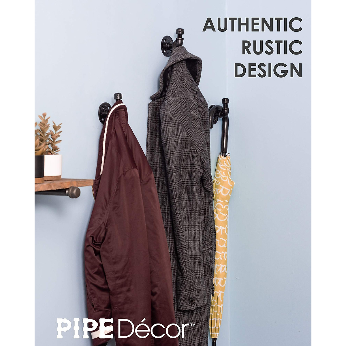 Towel and Robe Hook Set by Pipe Decor, Heavy Duty DIY Style, Rustic and Chic Industrial Iron Pipe Electroplated Black Finish, 3 Hooks Perfect for Bathroom Towels, Robes, or Coats, Oil and Rust Free