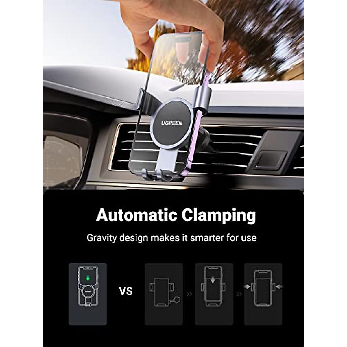 UGREEN Car Vent Phone Mount Gravity Phone Holder Car Air Vent Clip Mount Auto Lock Compatible with iPhone 14 Pro Max 14 Plus, iPhone 13 12 11 Pro Max XR XS 8 7 Plus SE, Samsung Galaxy S22 Smartphone