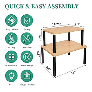 Simple Trending Cabinet Organizer Shelf,Expandable,Stackable Set of 2 Kitchen Counter Organizer Shelves for Spice Rack Desk Organizer, Metal and Wood, Natural and Black