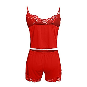 Lenceria Sexy, Women's Lingerie Sexy Naughty 2Piece Outfits for Women Lengerie Set Women's Underwear Solid Color Suspender Shorts Two-Piece Pajama Suit Lingerie Set Teddy with Push (S, Red)
