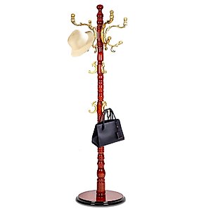 Tuccor Coat Racks ​freestanding, High-grade Wooden Tree Rack, hall tree With 14 Hooks & Stable Disc Base, For such as coats, jackets, Home Office Entry-way hanger Organizer (Begonia color)