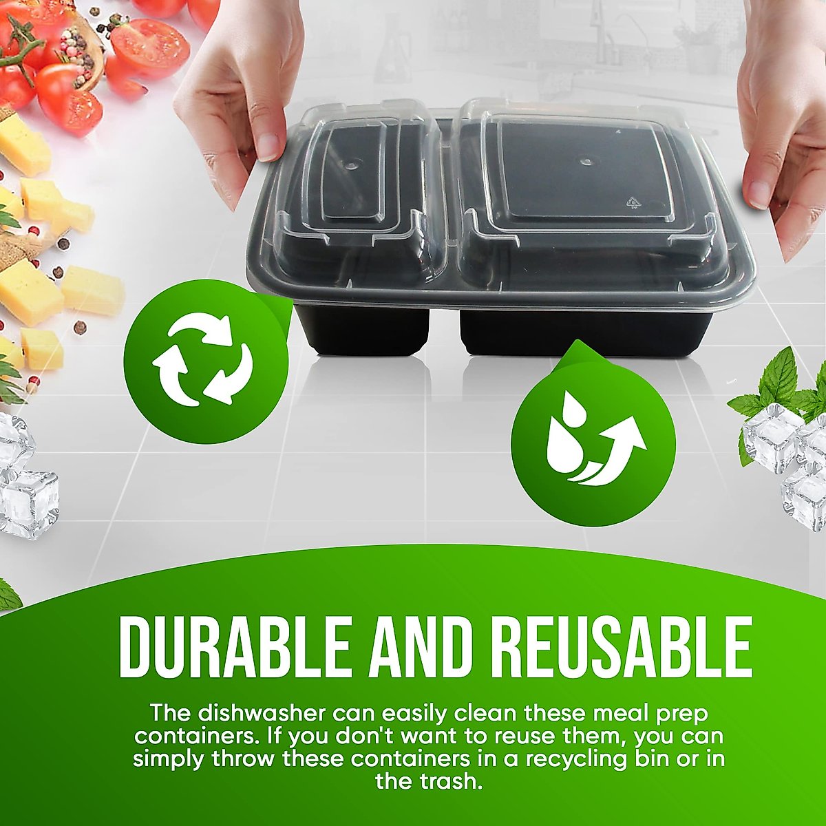 Fonteme 2 Compartment Meal Prep (50 Pack) Food Container with Airtight Lids | Easy Portion Control | Freezer & Microwave Safe Stackable BPA Free Plastic Rectangular Disposable Storage Container