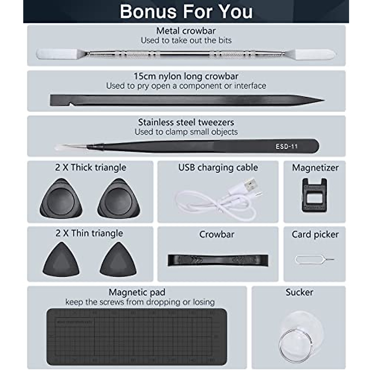 Housolution Mini Electric Screwdriver, 62 In 1 Magnetic Screwdriver with 48PCs Bits Small Cordless Electric Screwdriver Kit With Led Light, Handy Repair Tool for Phone Watch Camera Laptop, Gray