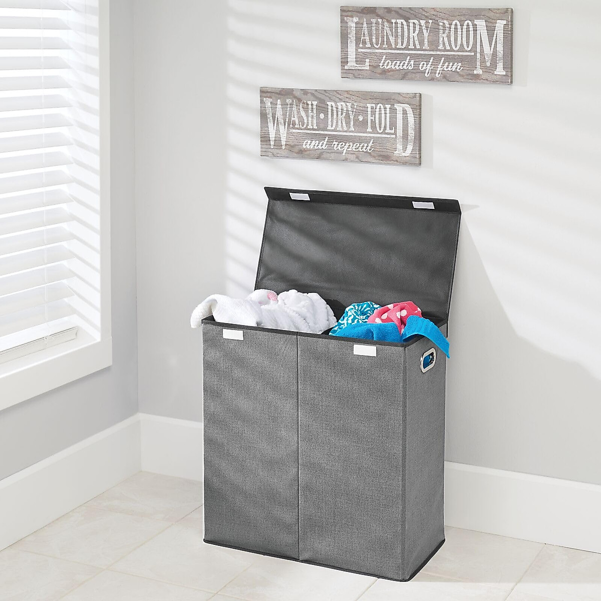 mDesign Extra Large Divided Laundry Hamper Basket with Removable Lid, Built-in Handles - Portable and Foldable for Compact Storage - Textured Print with Solid Trim, Chrome Handles - Charcoal/Black