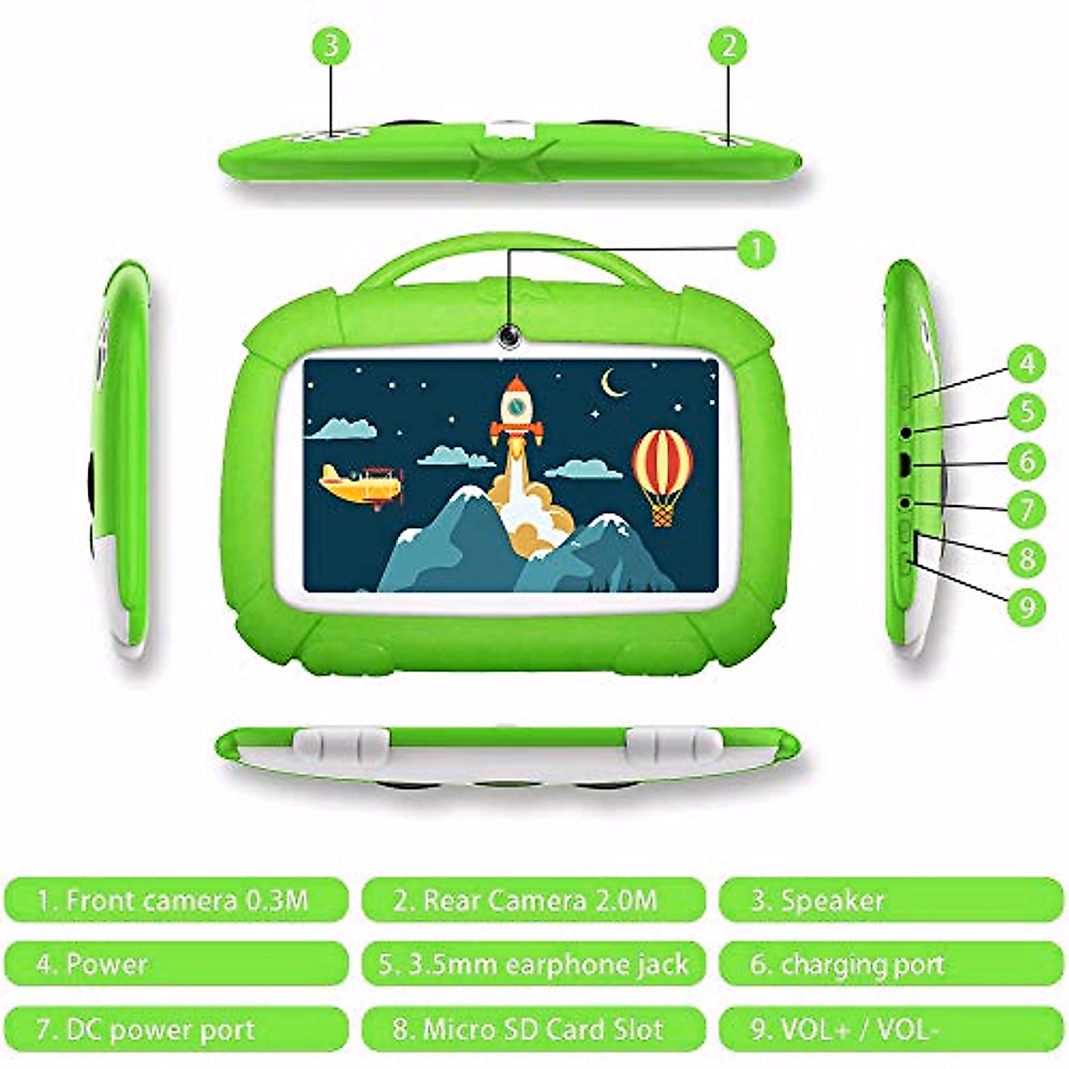 Padgene Kids Tablet 7 Inch,Android 9.0 Parental Control Kids Mode Pre-Installed WiFi Tablet Learning Games Camera IPS HD Display 1 GB+16GB with Kid-Proof Case (7 Inch, Green)