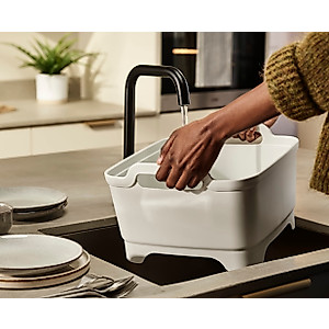 Joseph Joseph Wash & Drain Kitchen Dish Tub Wash Basin with Handles and Draining Plug, 9 liters, Stone/Sage Green