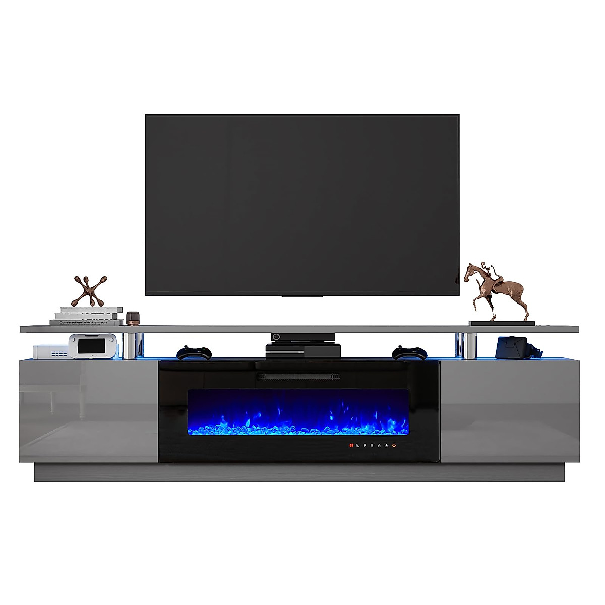 LUXOAK 80" Fireplace TV Stand, Modern LED Entertainment Center with 40" Electric Fireplace, High Gloss Finish Media Console with Storage for TVs Up to 90", Grey