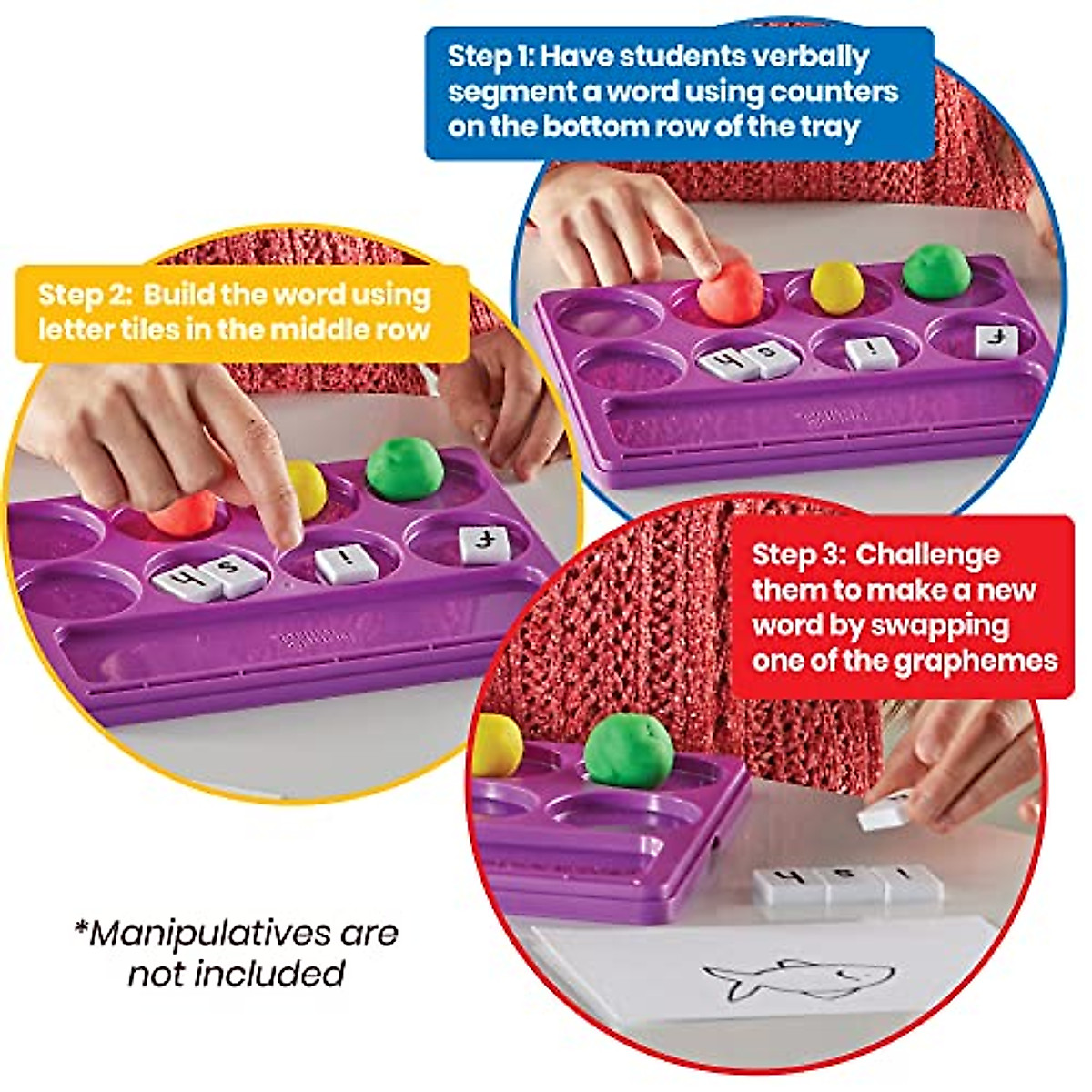 hand2mind Little Minds at Work Sound Segmenting Trays by Tara West, Phonemic Awareness, Science of Reading Manipulatives, Elkonin Boxes, Letter Sounds, Preschool Learning Activities (Set of 6)