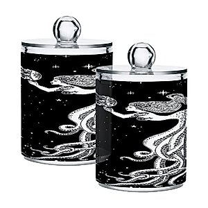 Blueangle 2 Pack Mermaid Octopus Qtip Holder Dispenser for Cotton Ball, Cotton Swab - Plastic Apothecary Jar Set for Bathroom Canister Storage Organization（1151）