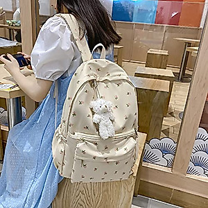 milochic Kawaii Backpack with Kawaii Plush Pendant Floral Prints Aesthetic Backpack for Women Large Capacity Simple Backpack for Travel Causal