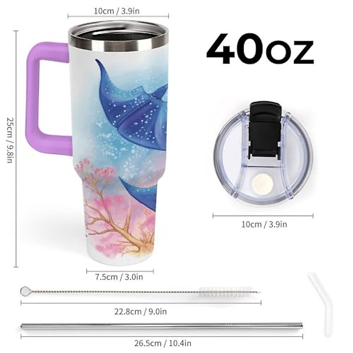WYUSPGK 40oz Stainless Steel Car Mug, Sea Animals Stingrays Print Travel Mug, Double-Wall Insulated with Straw, Perfect for Car, Office, Outdoor