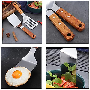 KLAQQED 2 PCS Metal Spatula for Cast Iron Skillet, Stainless Steel Grill Spatula Slotted Spatula Turner Fish Spatula with Wood Handle, Flat Top Grill Spatula, Griddle Metal Spatulas for Cooking BBQ