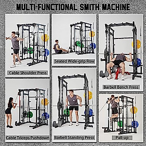 MAJOR LUTIE Smith Machine with Weight Bench, SML07 1600lbs Power Cage with Weight Bar and Two LAT Pull-Down Systems and Cable Crossover Machine, Exercise Machine Attachment Black (2023 Upgrade)