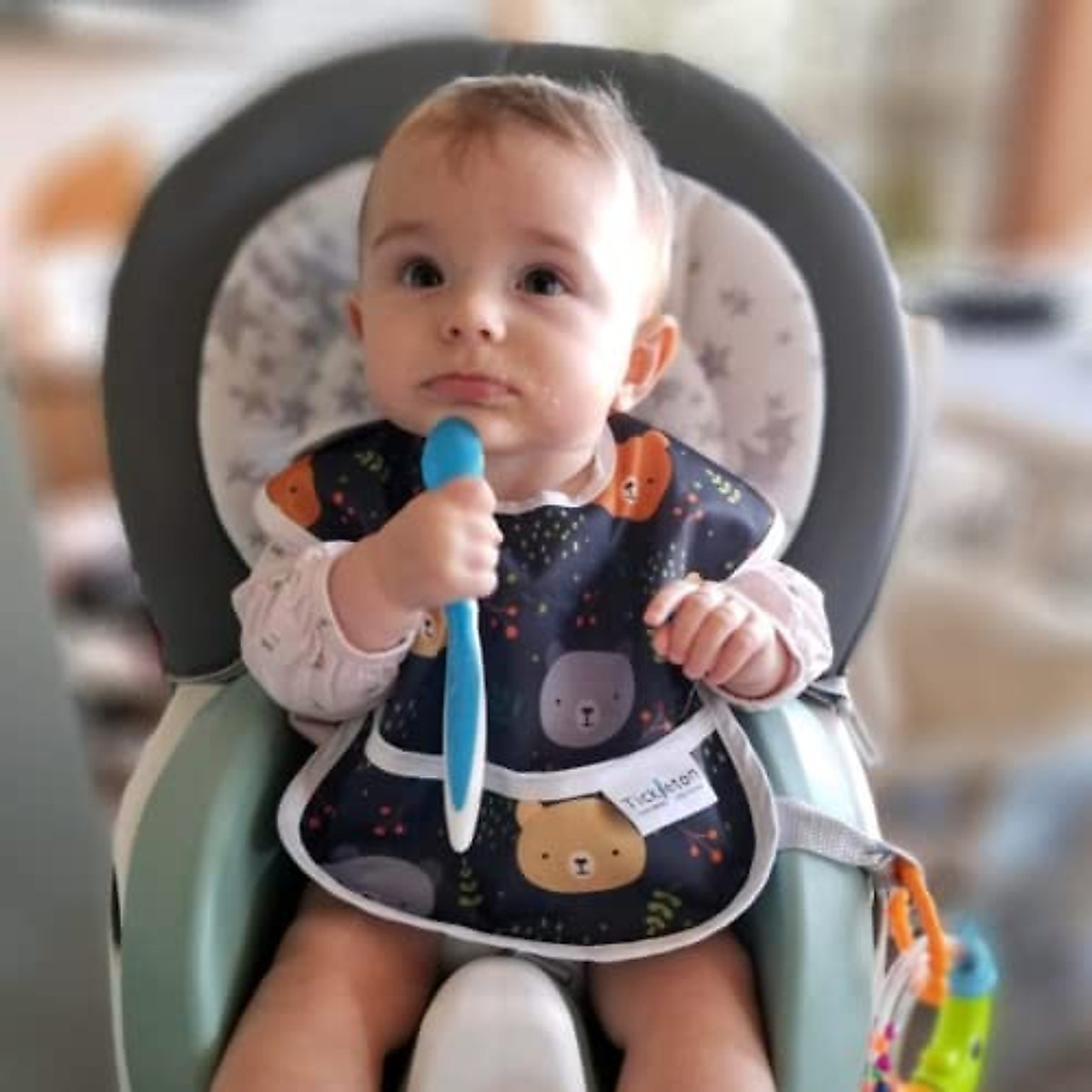 Tickleton Waterproof Baby Bib for Eating |6-24 Months Infant Boy & Girl Feeding Bibs with Pocket |Machine Washable |Odor and Stain Resistant |Lightweight |Cute Unisex Designs with Bright Colors