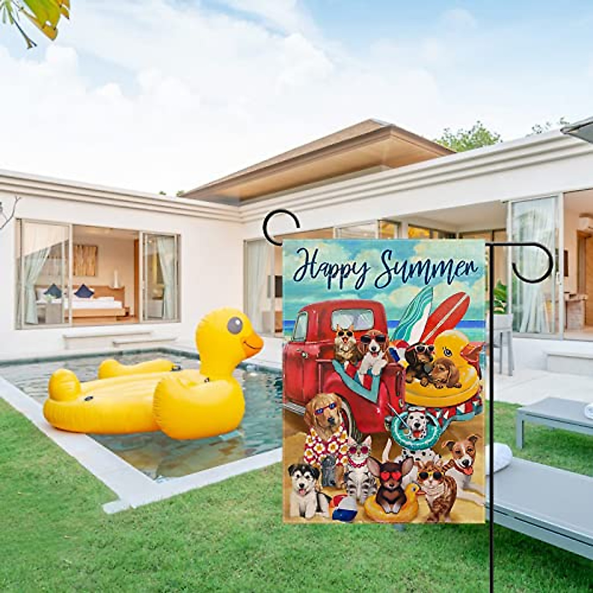 Covido Happy Summer Red Truck Coastal Decorative Garden Flag, Dogs Beach Yard Nautical Outside Decoration, Ocean Outdoor Small Burlap Home Decor Double Sided 12 x 18