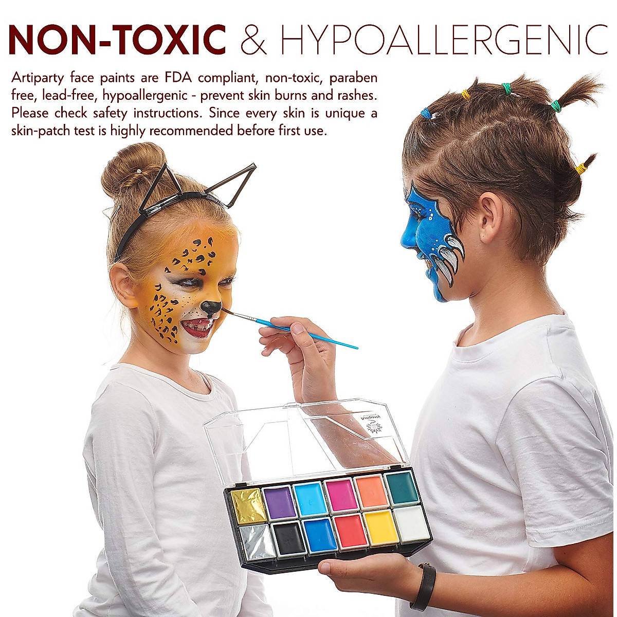 Face Paint Kit – Dermatologically Tested – Non-Toxic & Hypoallergenic – Professional Face Painting Kit for Kids & Adults – Cosplay Makeup Kit – Easy to Apply & Remove – Leakproof Dry Glitters