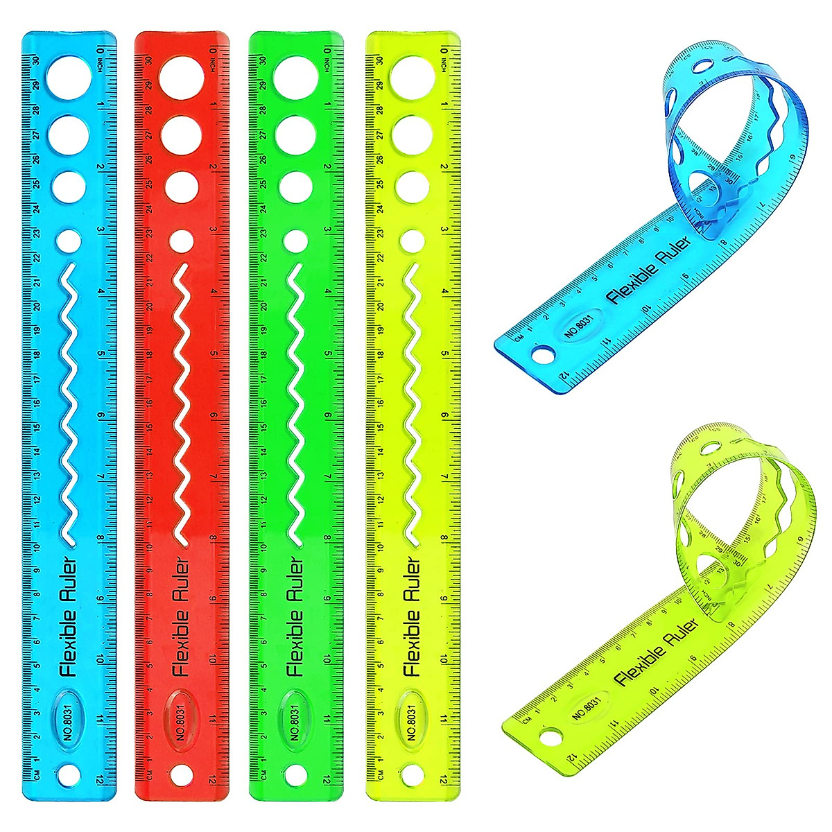KINBOM 4Pcs 12 Inch Color Flexible Rulers,Soft Bendable Plastic Transparent Rulers,Shatterproof Clear Rulers,Safety Kids School Supplies,Suitable for School, House and Office