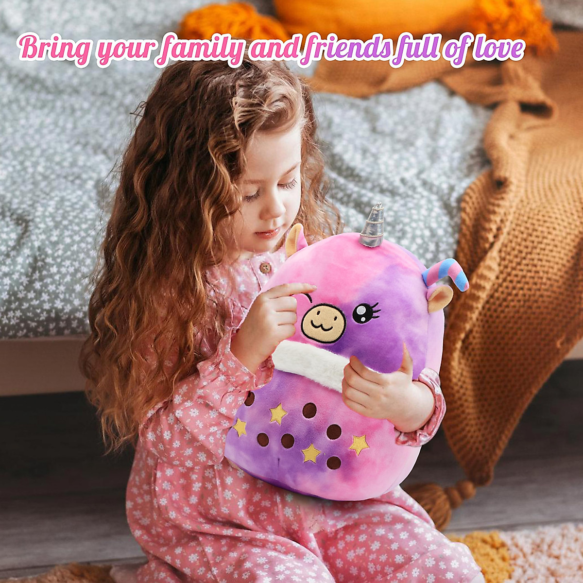 Easfan 14'' Rainbow Unicorn Plush Pillow Soft Boba Tea Plush Toy Cute Bubble Tea Unicorn Stuffed Animal Home Room Decoration Birthday Christmas Festival Gifts for Kids Toddlers