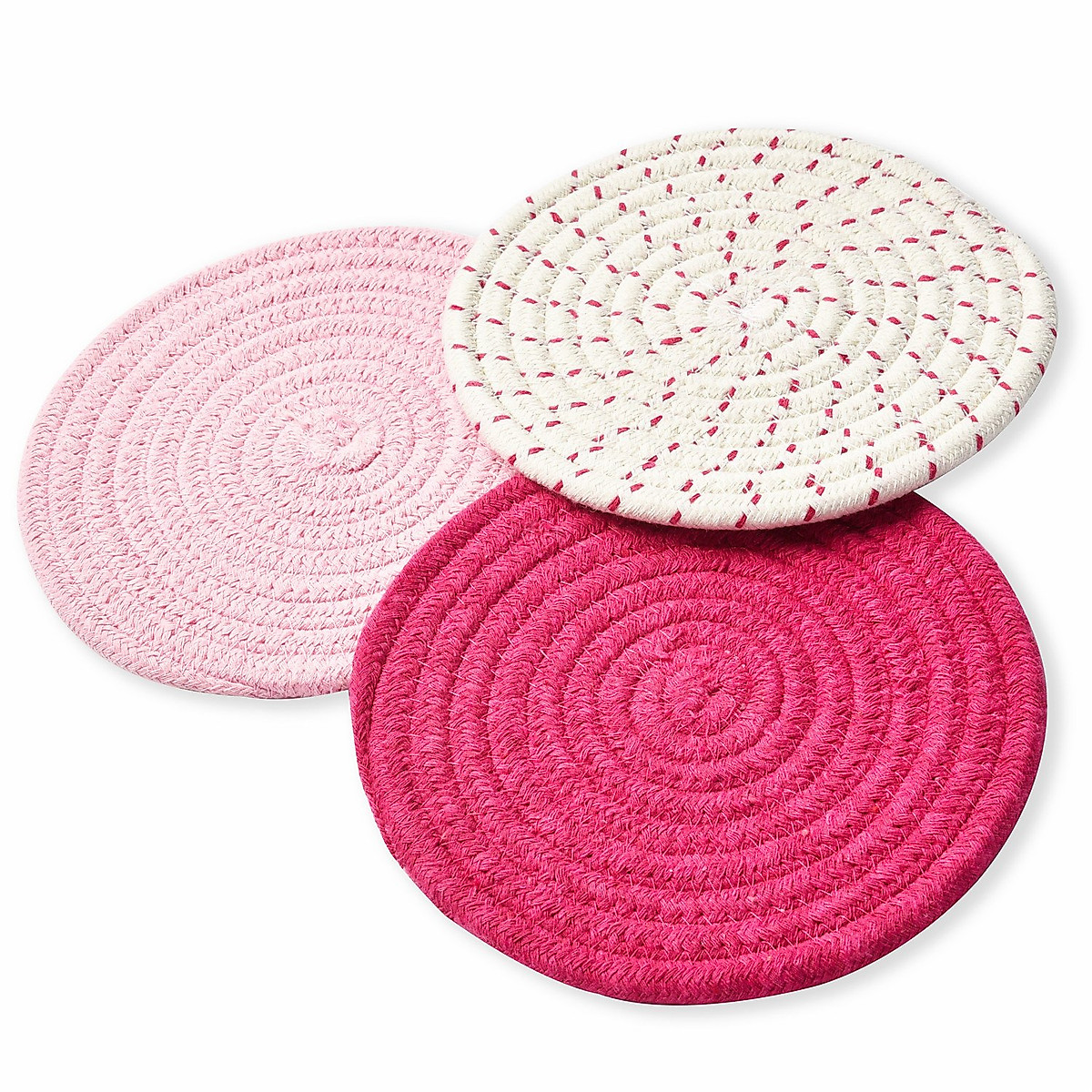 Kitchen Potholders Set Trivets Set 100% Pure Cotton Thread Weave Hot Pot Holders Set (Set of 3) Stylish Coasters, Hot Pads, Hot Mats, Spoon Rest For Cooking and Baking by Diameter 7 Inches (Pink)