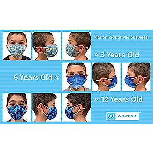 wovenx - FDA Registered, 5 Ply, Kids Face Masks 15 Pack, With Adjustable Earloops, Individually Packaged, Disposable, (Boys Masks: Dinosaur, Fishes, Camouflage)
