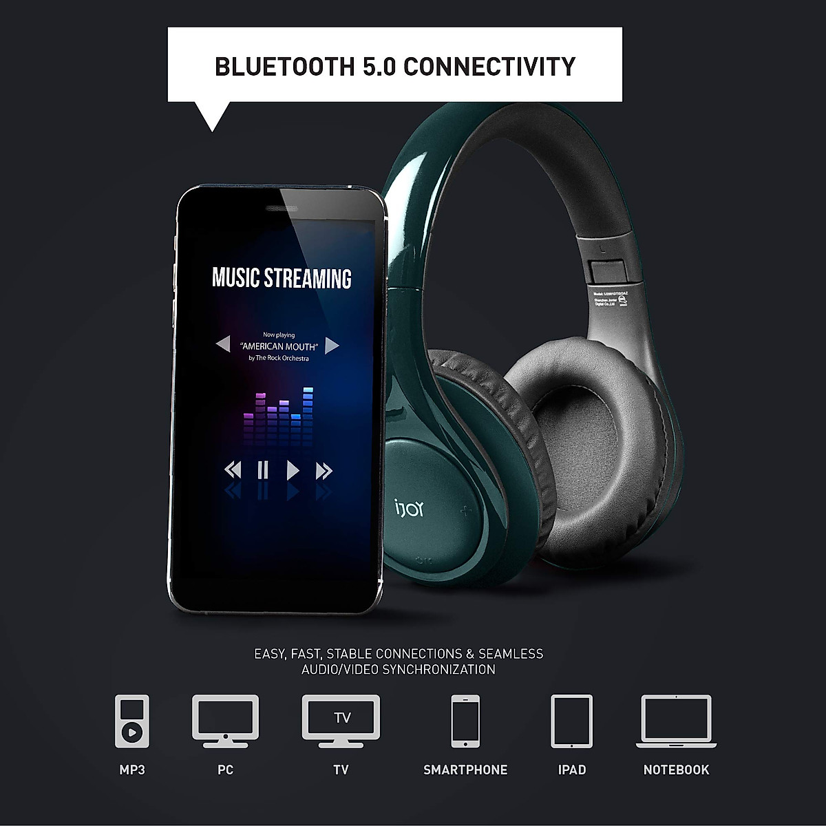 iJoy ISO Wireless, Bluetooth Headphones-Cordless Over Ear Stereo Headset- Bluetooth 5.0, 30HR Battery Built-in Microphone- Handsfree or Wired Use, Foldable (Glossy Green)