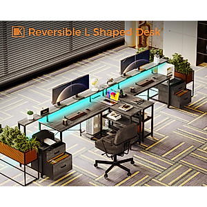 ODK L Shaped Desk with File Drawer, 66" Reversible L Shaped Computer Desk with Power Outlet & LED Strip, Office Desk with Storage Shelves, Gaming Desk with Monitor Shelf, Corner Desk, Grey Oak