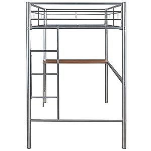 BOVZA Twin Size Loft Bed with Desk, Metal Bed Frame with Ladder and Guardrails, for Kids Teens Adults, Silver