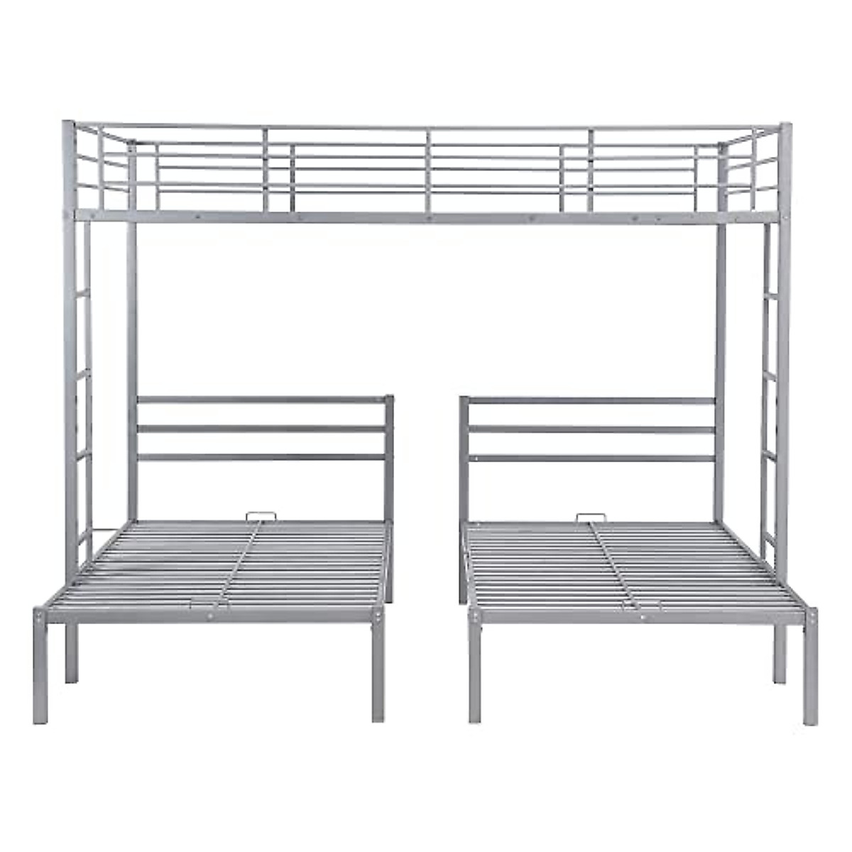 DEYOBED Full Over Twin & Twin Metal L-Shaped Triple Bed Bunk Bed with Built-in Shelf and 2 Ladders - Space-Saving and Organized Sleep Space for Kids, Teens, Adults