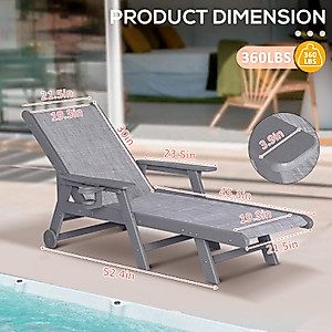 LOENIY Outdoor Chaise Lounge Chair with Textilene Surface, 5-Position Adjustable Patio Lounge Chair with Wheels & Cup Holder, HDPE Pool Lounge Chair for Outside, Poolside & Beach (Grey, 1)