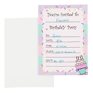 Juvale 24 Pack Birthday Invitations for Girls, Fill-In Invite Cards with Envelopes, Confetti Design (5x7 in)