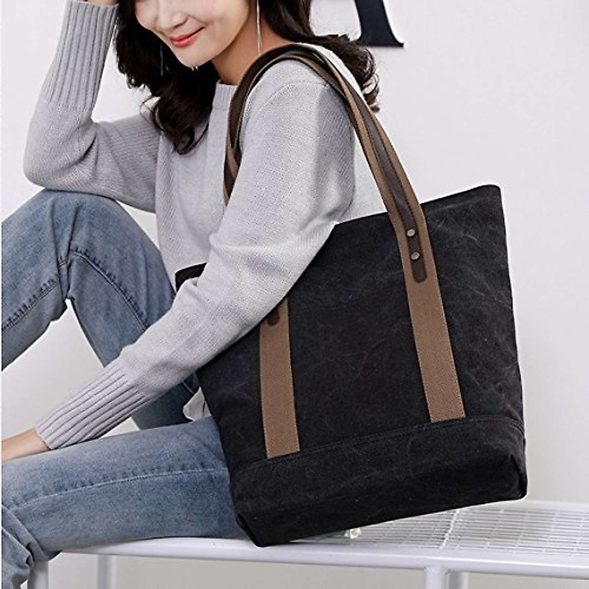 Canvas Tote Bag for Women Casual Top Handle Work Totes Purse Shopping Handbags Shoulder Bag (Black)