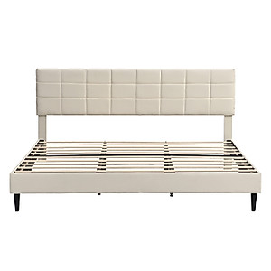 Jintop King Size Platform Bed Frame with Fabric Upholstered Headboard and Wooden Slats,No Box Spring Needed,Easy Assembly, Bedroom Furniture for Teens & Adults,Dark Beige