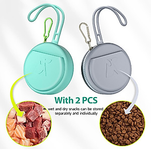 Small Silicone Dog Treat Pouch with Pet Training Clicker 2Pack, Durable Metal Zipper, Integrated Strap, Mini Portable Size, Easy to Clean, Odorless, Travel Walking Bag for Leash (Grey & Green)