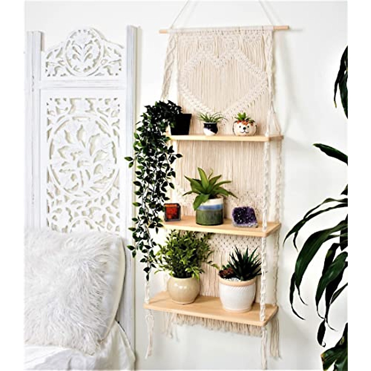 Macrame Wall Hanging Shelf-ideal décor-plants storage bookshelf-Bohemian Decorative Shelves-Boho Floating Indoor Shelving–For bedroom kitchen bathroom room with window Plant hanger 3 Tier Heart