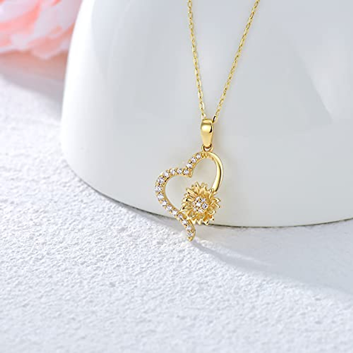 Solid 14k Gold Sunflower Heart Necklace for Wome, Real Gold Flower Necklace You are May Sunshine Necklace Love Jewelry Gifts for Wife, Mom, 16''-18''
