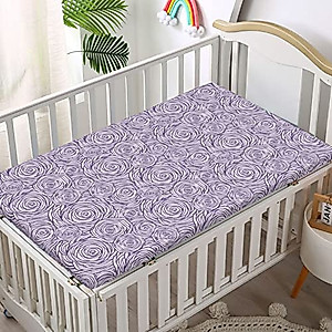 Rose Themed Fitted Mini Crib Sheets,Portable Mini Crib Sheets Soft Toddler Mattress Sheet Fitted-Great for Boy or Girl Room or Nursery,24“ x38“,Blue Violet Pale Mauve
