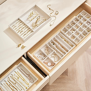 Oyydecor Stackable Jewelry Organizer Tray, Jewelry Drawer Organizer Set of 4 - Earrings, Necklaces, Rings, Bracelets Storage for Women and Girls - Beige.