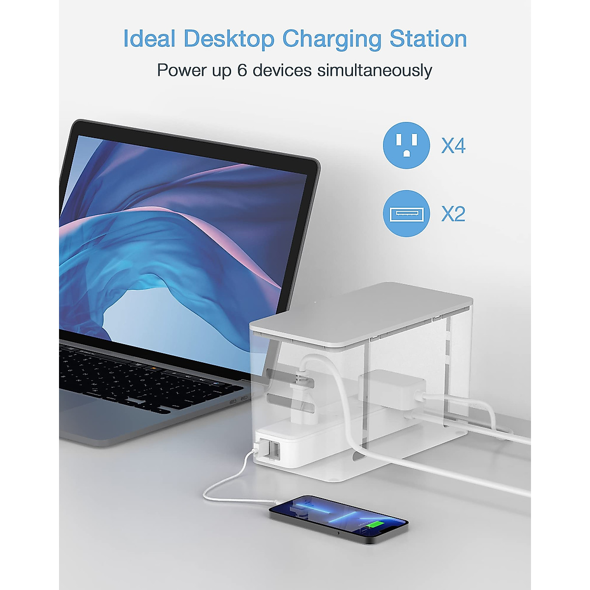 Power Strip with Cable Management Box, TESSAN 5 ft Flat Plug Extension Cord, 4 Outlets 2 USB Ports with Overload Switch, Mountable White Power Cord Organizer Charging Station for Dorm, Office, Home