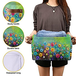 Foldable Storage Basket Green,Spring Flower Decorative Organizer Basket with PU Handles, Baskets for Shelves Home Closet Bedroom Living Room - 1 Pack