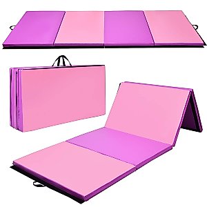 GYMAX Exercise Mat, 4'x10'x2 Tri-Folding Thick Tumbling Mat with Carrying Handles for MMA, Gymnastics, Stretching, Yoga, Cheerleading, Home Gym (Purple+Rose)