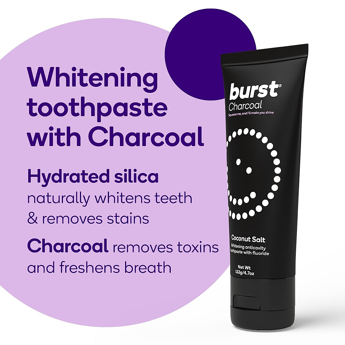 BURST Charcoal Whitening Toothpaste for Adults (4.7oz/2 Pack) | for Sensitive Teeth with Cavity Fighting Fluoride & Xylitol | Vegan | Gluten & SLS Free | Coconut Salt