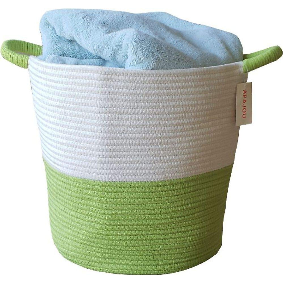Apajou Large Cotton Rope Basket (12.5” x 16” x 15”) - Round Woven Storage Organizer Baby Basket Bin with Sturdy Handles - for Blankets, Toys, Laundry, Nursery, and More