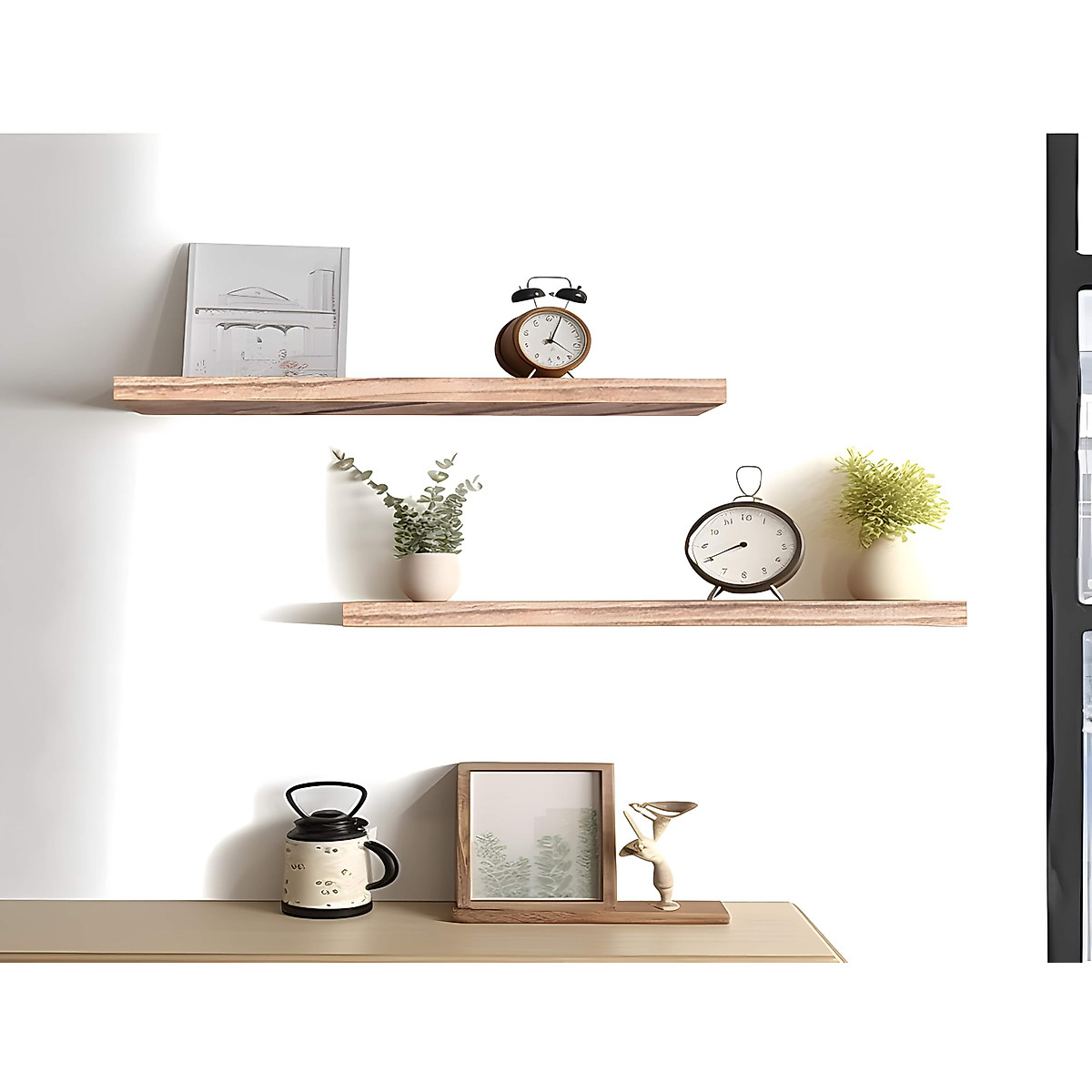 YYWUOJJ Wood Floating Shelves for Wall Decor, Rustic Wall Shelves for Bedroom Bathroom Kitchen Living Room, Set of 4 Light Walnut 24 Inch