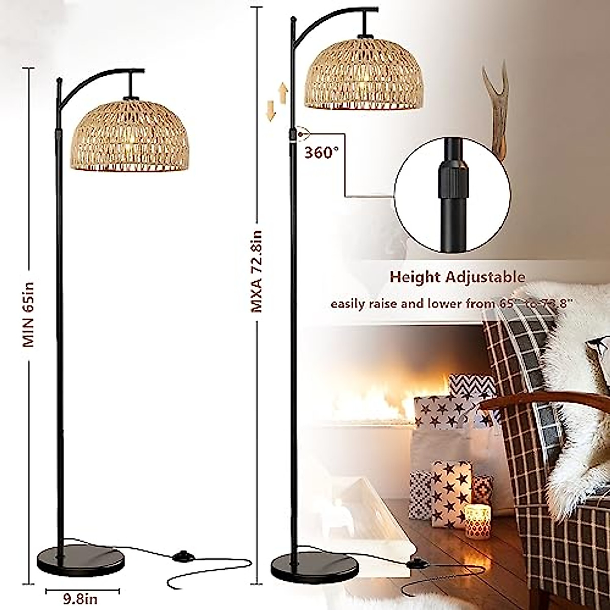 QIYIZM Floor Lamp for Living Room Bedroom Farmhouse Rattan Standing Lamp with Control,Wicker Black Industrial Dimmable Floor Light Rustic Adjustable Tall Lamp,Boho Bamboo Lamp Shade Floor Lamps