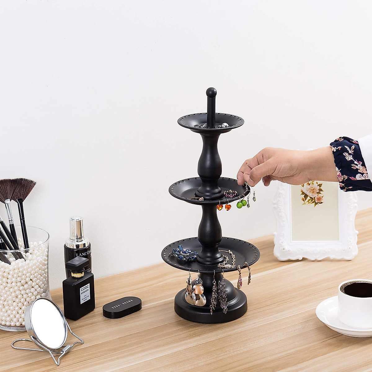MyGift 3-Tier Black Metal Fountain Earring Holder Organizer and Ring Dish Jewelry Stand