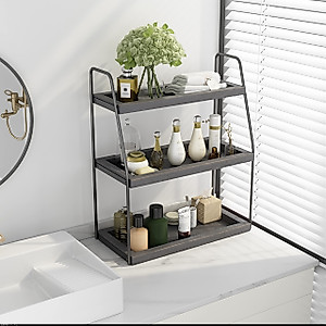 3-Tier Wood Storage Organizer for Restroom ＆ Kitchen ＆ Coffee Bar, Bathroom Sink Organizer Countertop, Bathroom Vanity Counter Top Organizers, Spice, Skincare, Perfume Rack, Detachable - Black