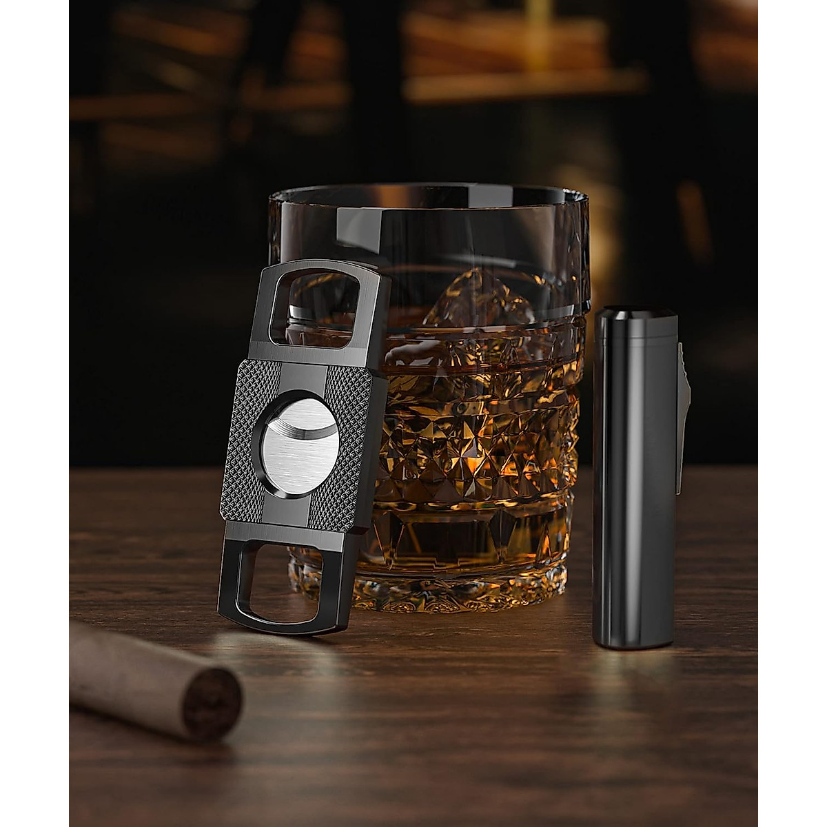 RONXS Cigar Lighter and Cutter Set, Adjustable Jet Flame Torch Lighter and Cigar Cutter, Windproof Cigarette Lighters, Great Gift Idea for Father's Day and Birthday (Butane Gas Not Included) (Black)