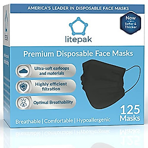 125-Pack Litepak Disposable Face Mask Premium Comfort Earloops with Dispenser Box (Black)